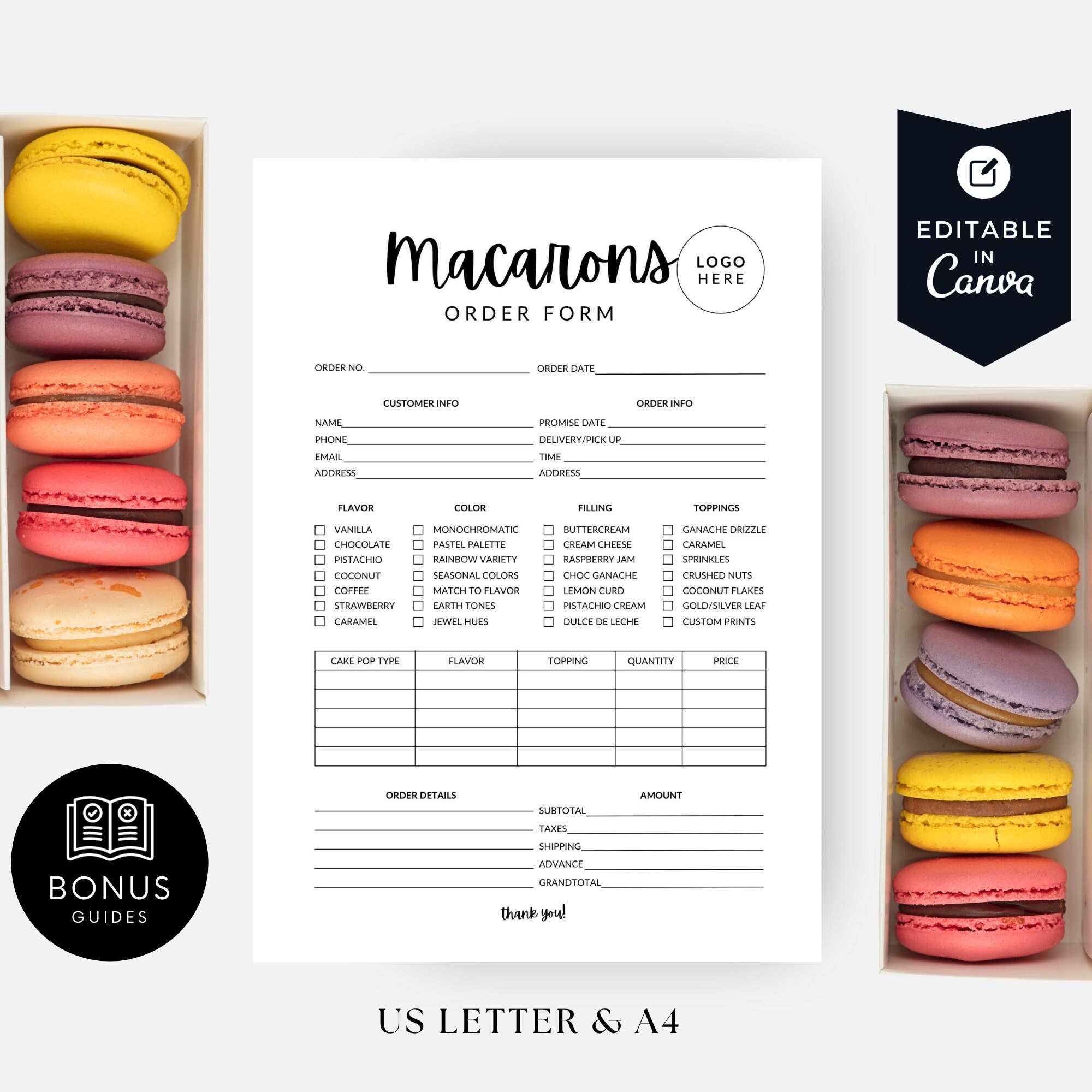 Macarons Order Sheet Template, Clean Home Bakery Order Form Editable ...