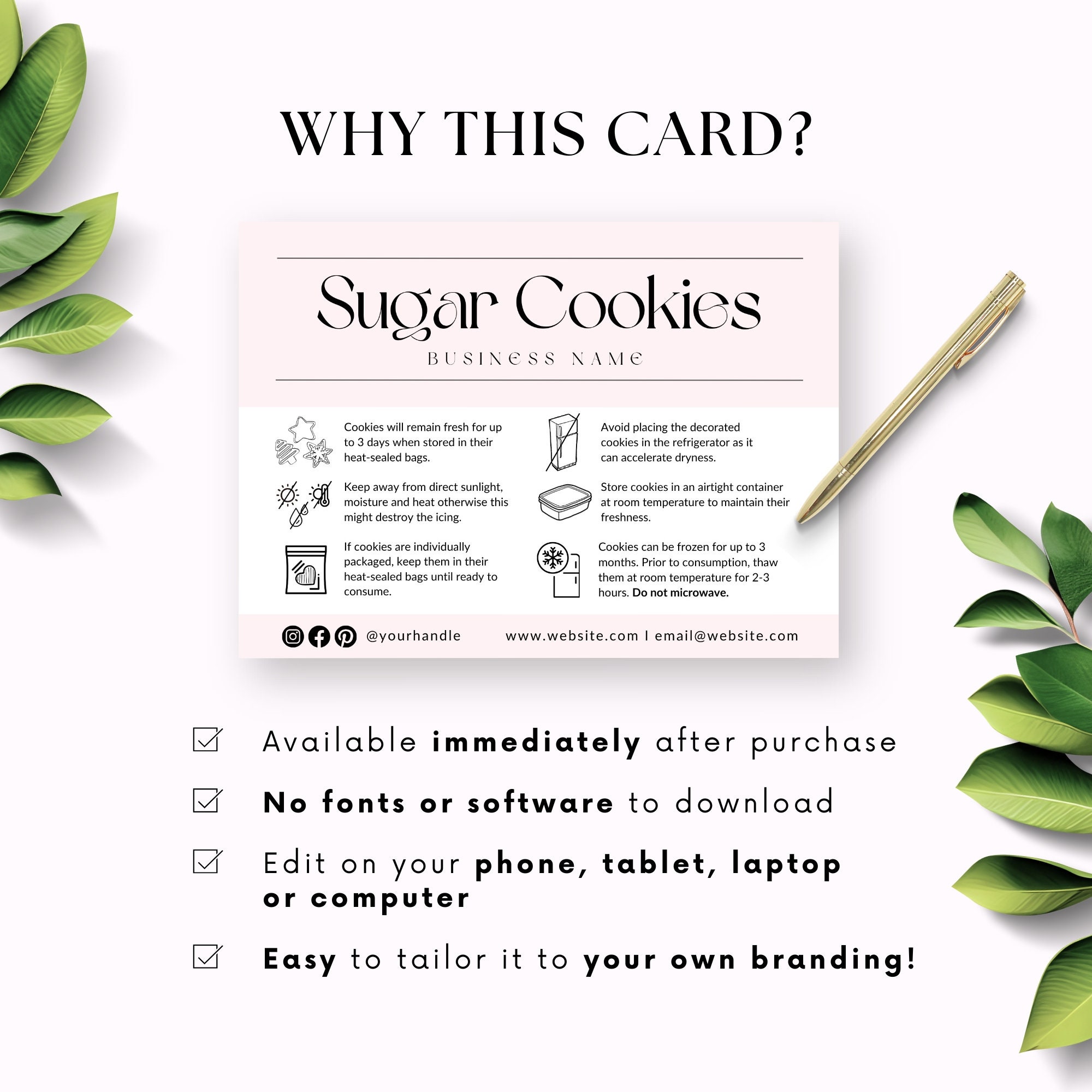 Pink Sugar Cookie Care Card Template, Decorated Cookies Care ...