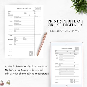 Wedding Flowers Order Sheet & Invoice for Wedding Planner, Digital ...