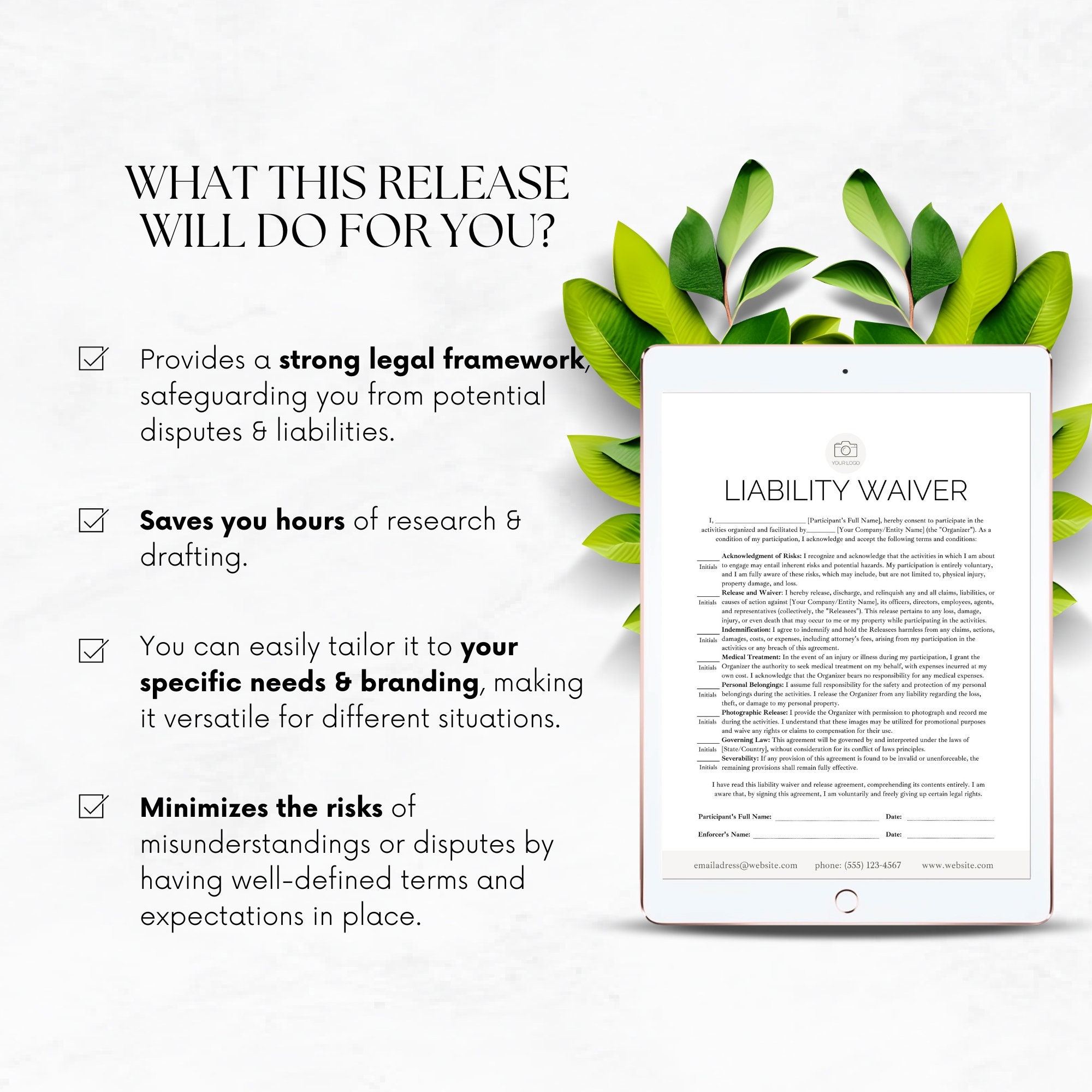 General Liability Waiver Form Risk Acknowledgment All Purpose Legal ...