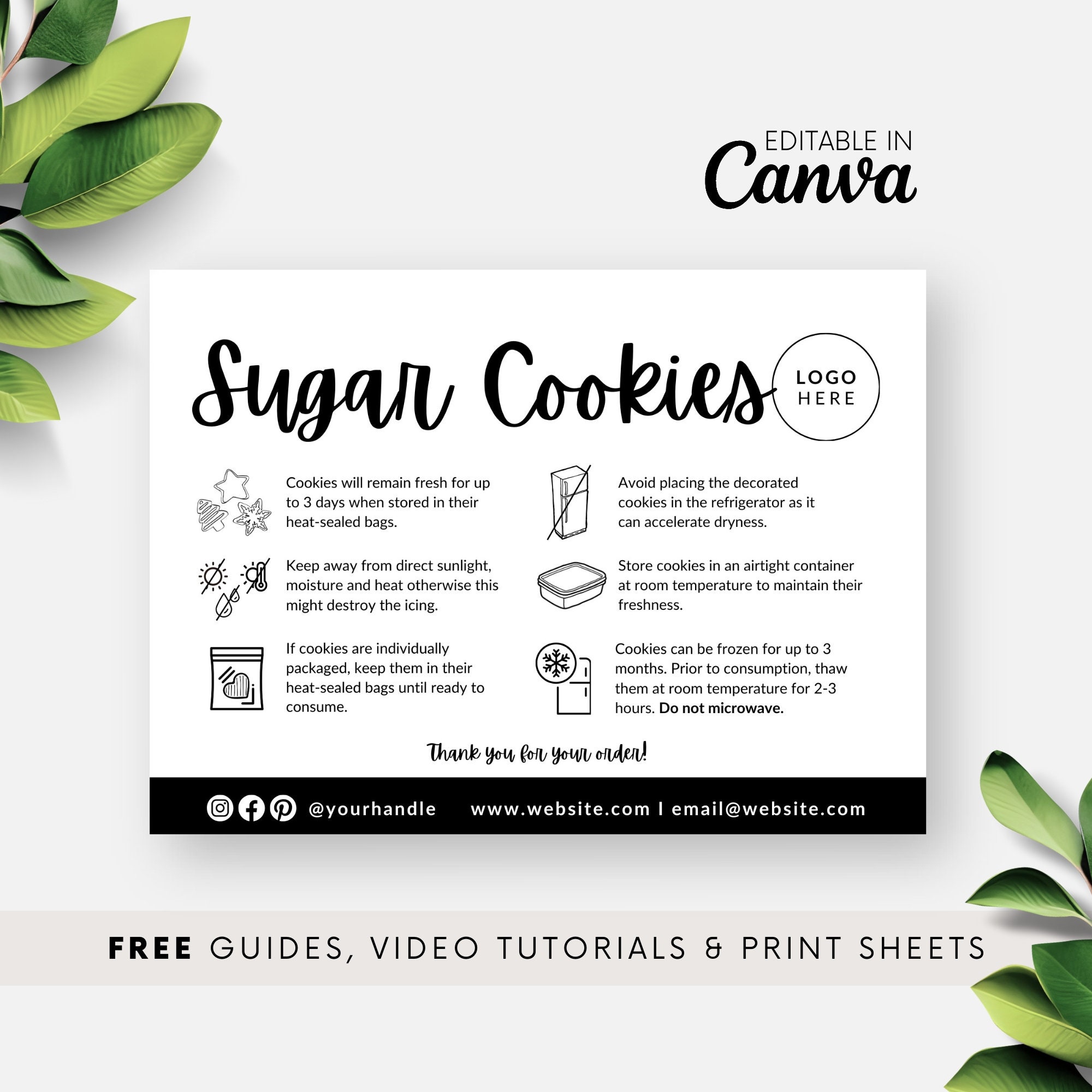 Sugar Cookie Care Card Template, Decorated Cookies Care Instructions ...
