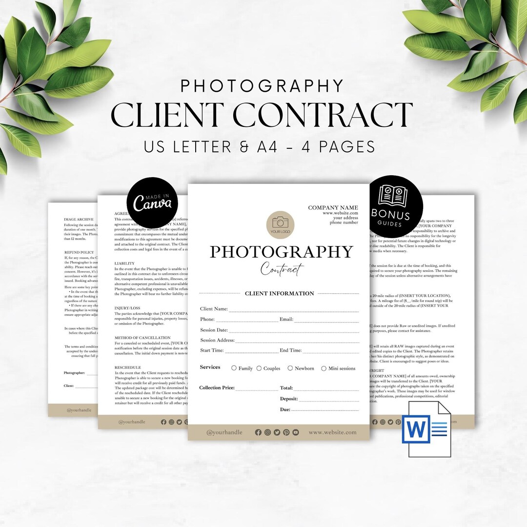 Photography Client Contract for Photographers Form Editable Canva ...
