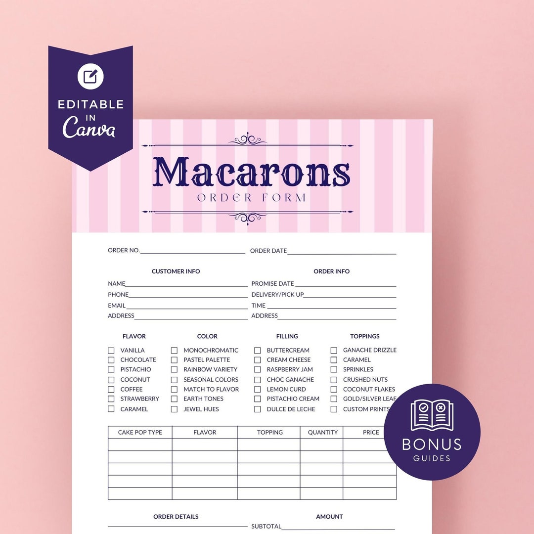 Macarons Order Sheet Template, Home Bakery Order Form Editable Canva ...