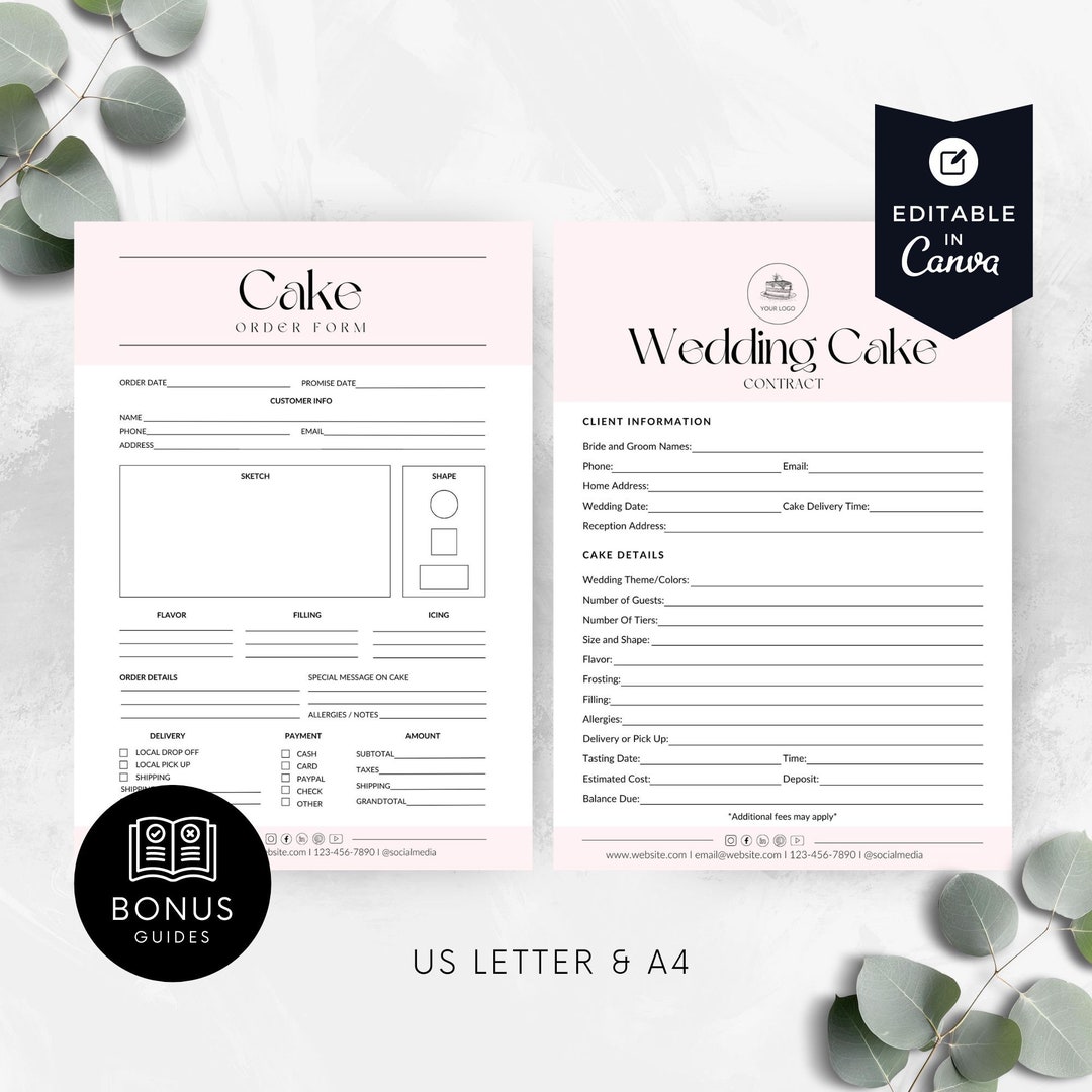 Wedding Cake Contract and Order Form Template, Custom Bakery Agreement ...