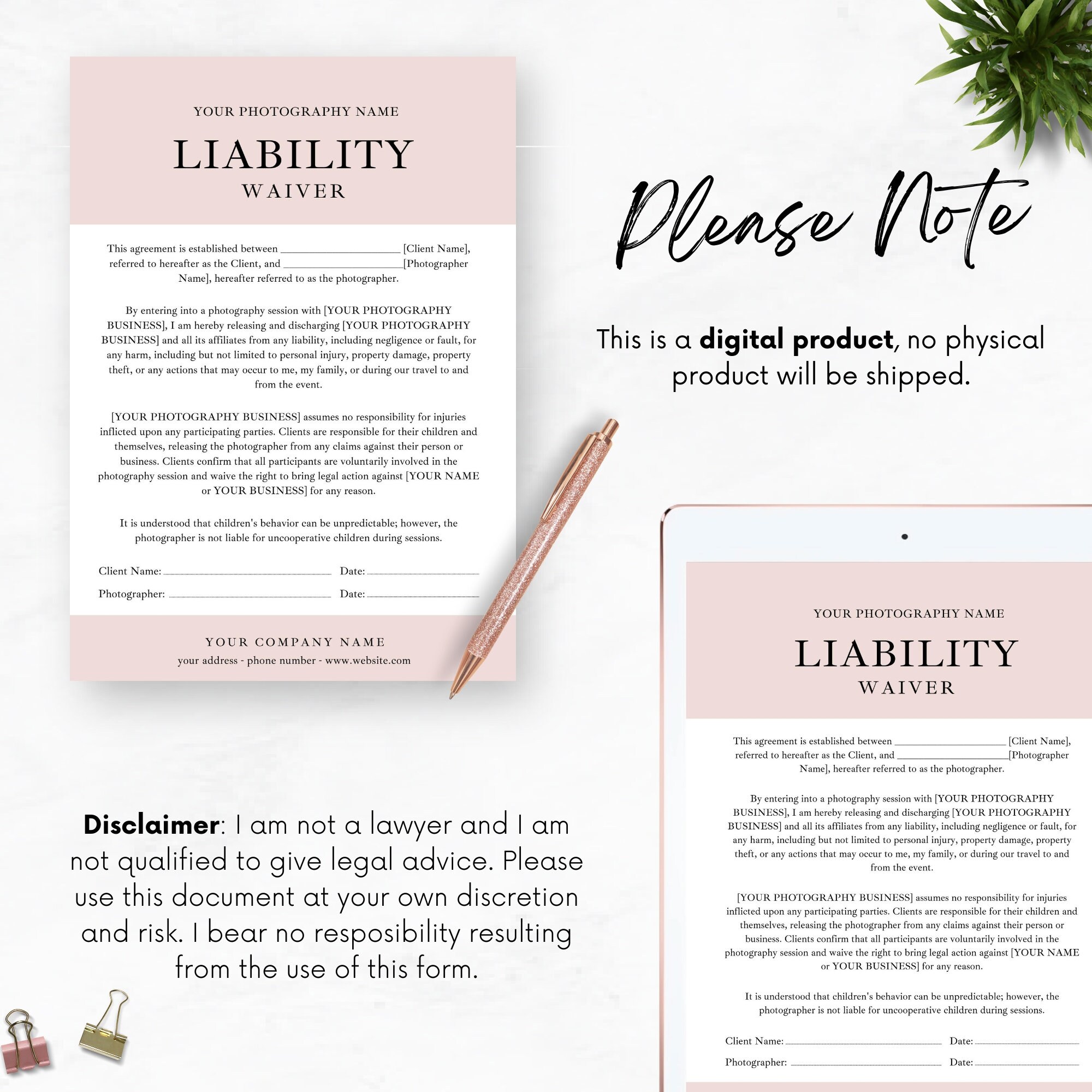 Legal Liability Waiver Template for Photographers Waiver and Release ...