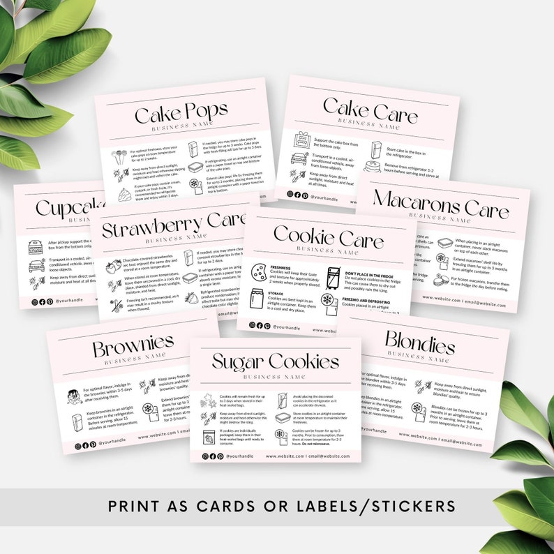 Blush Bakery Care Cards, Cake Care Instructions Card, Home Bakery ...