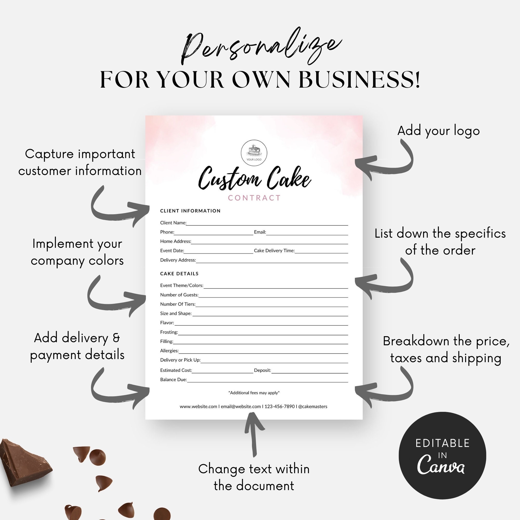 Pink Cake Order Contract Template Canva, Editable Custom Cake Agreement ...