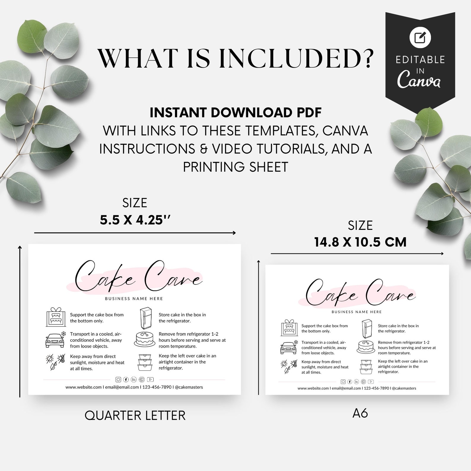 Pink Cake Care Card Template, Cake Care Instruction Card Printable ...