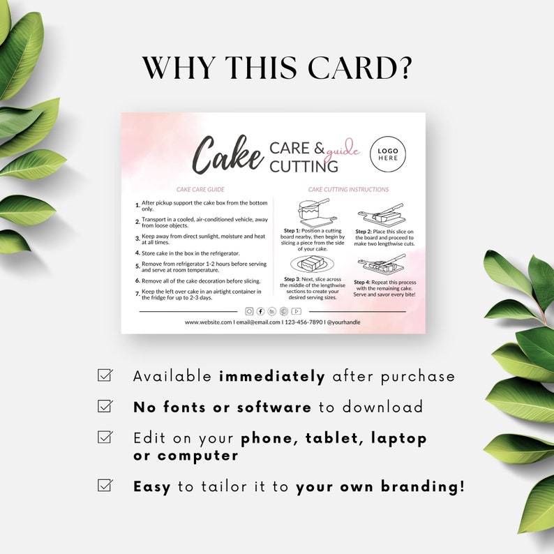 Cake Care and Cutting Guide Card, Printable Serving Instructions ...