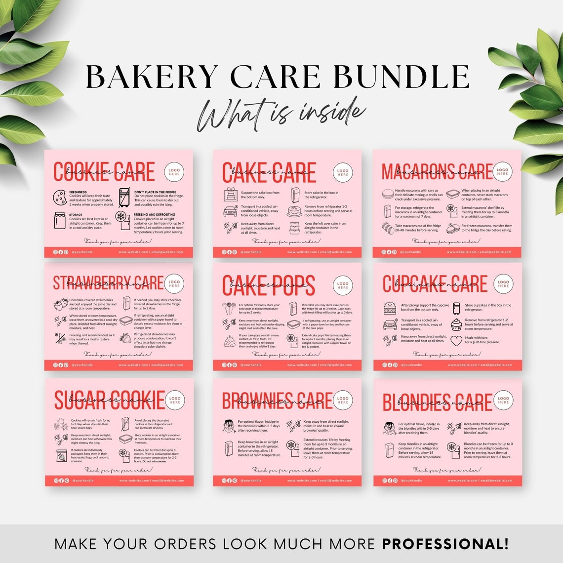Bakery Care Cards, Cake Care Instructions Card, Home Bakery Templates ...