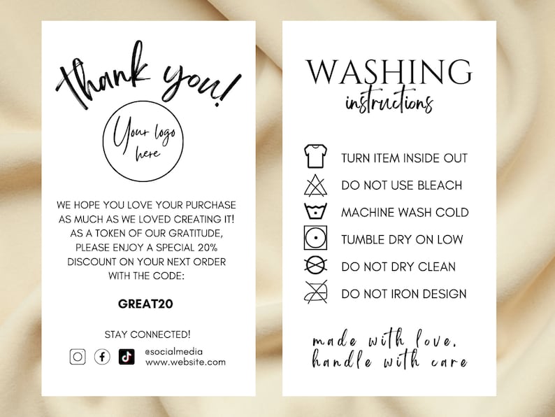 Editable T Shirt Washing Instructions Card Template Printable Clothing ...