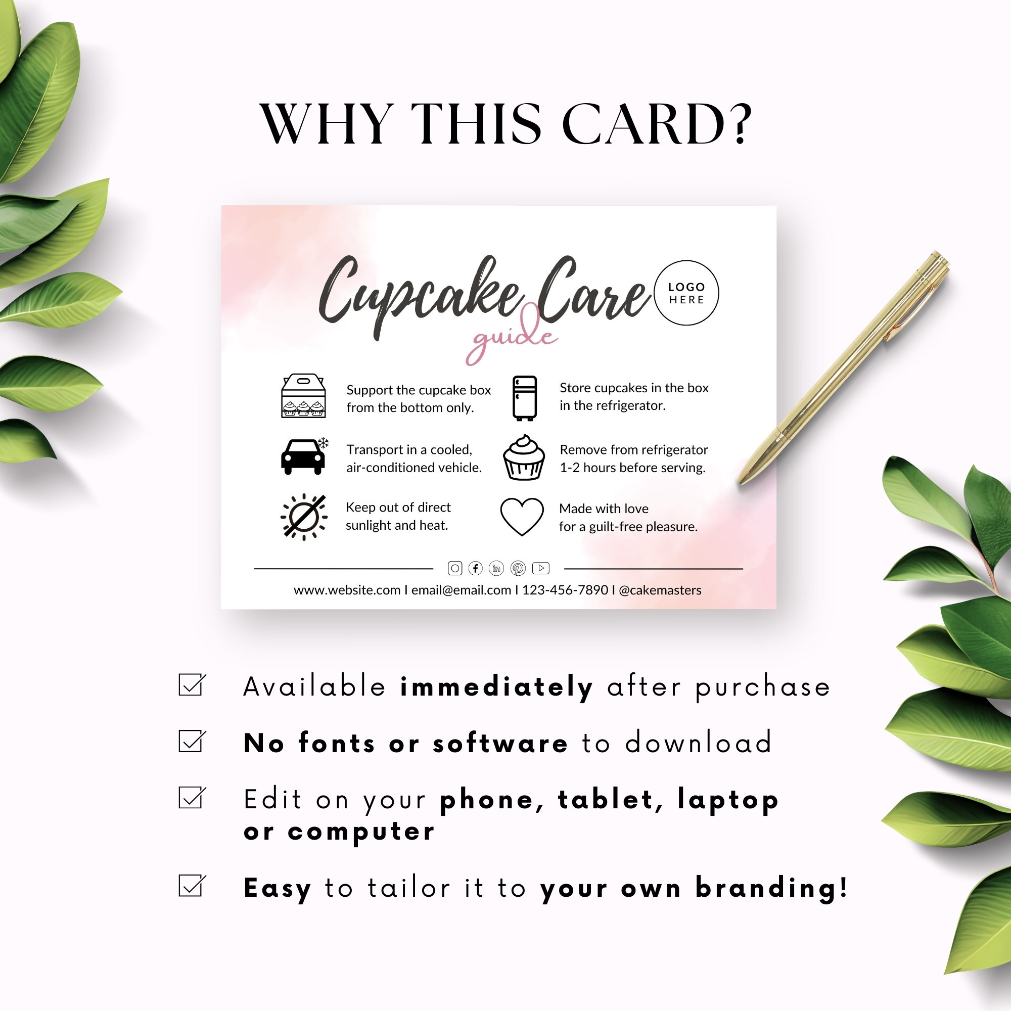 Cupcake Care Card Storage Instructions Muffin Care Guide Bakery ...