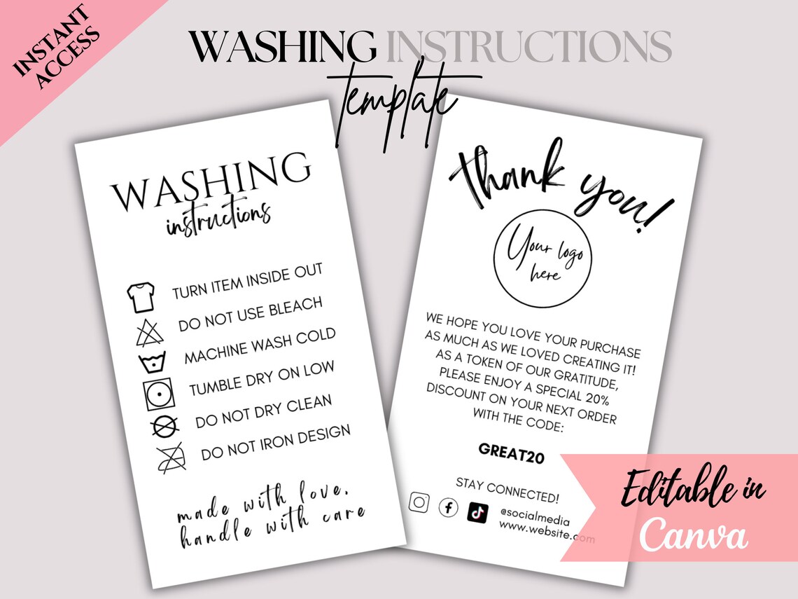 Editable T Shirt Washing Instructions Card Template Printable Clothing ...