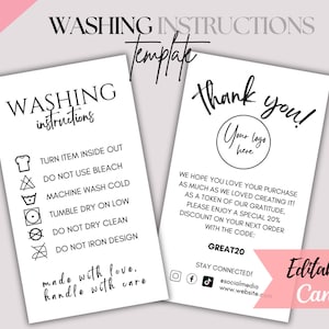 Editable T Shirt Washing Instructions Card Template Printable Clothing ...