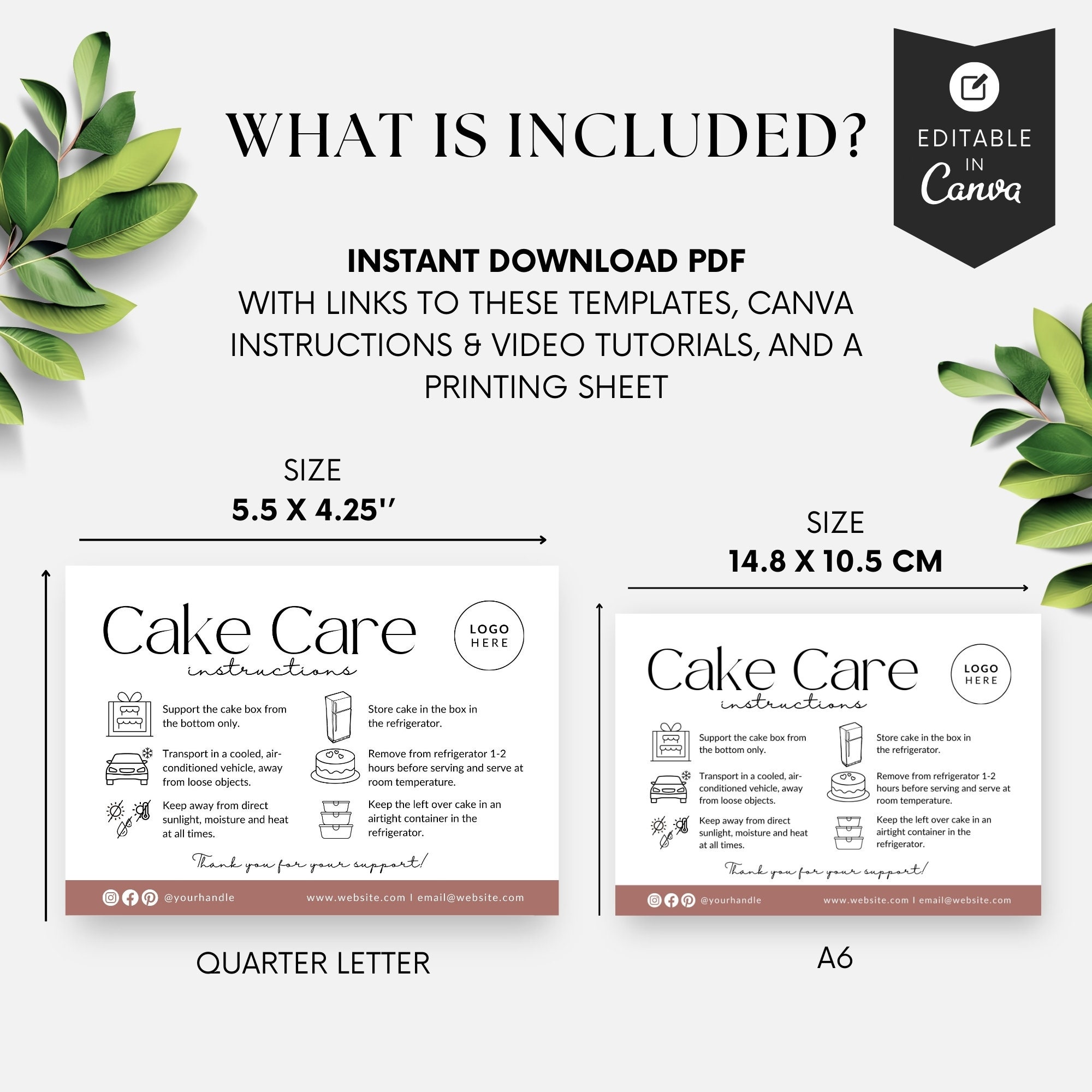 Modern Cake Care Label, Cake Care Instruction Card Printable, Cake Care ...