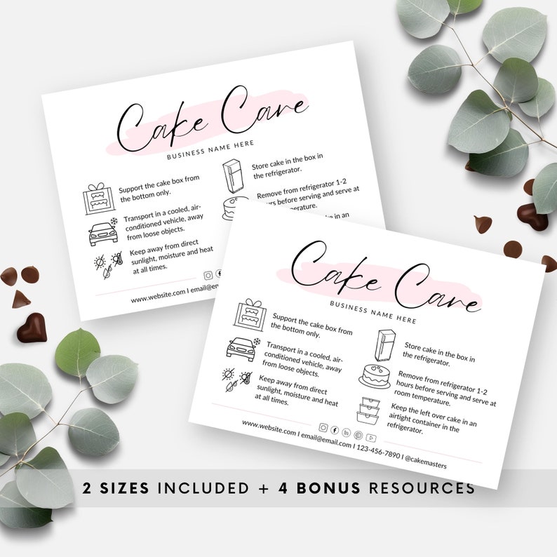 Pink Cake Care Card Template, Cake Care Instruction Card Printable ...