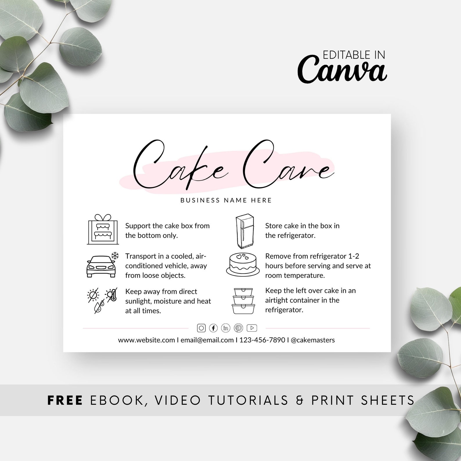 Cake Care Card Template Cake Transport Instructions Bakery Business ...