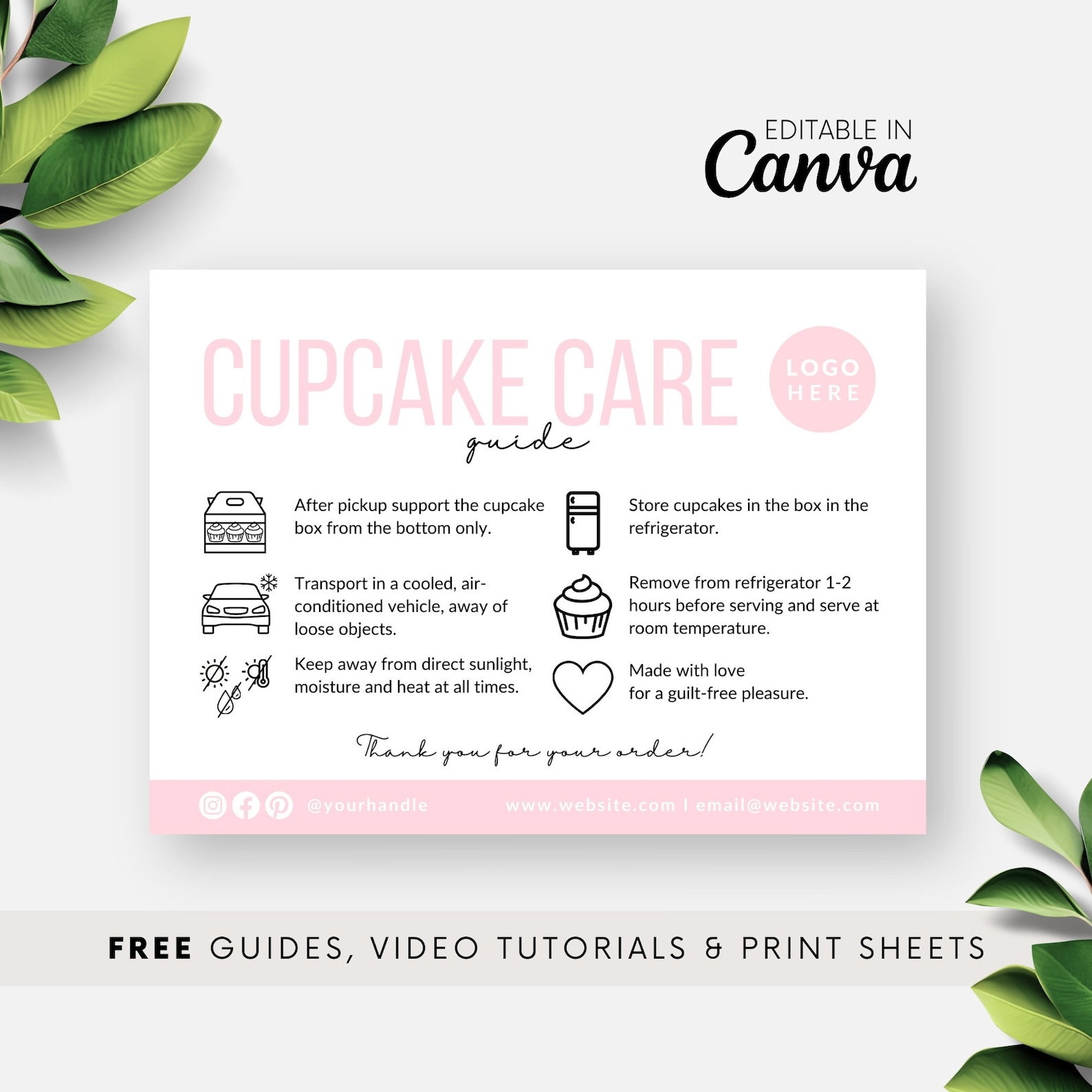 Blush Cupcake Care Card Canva Template, Editable Muffin Care ...