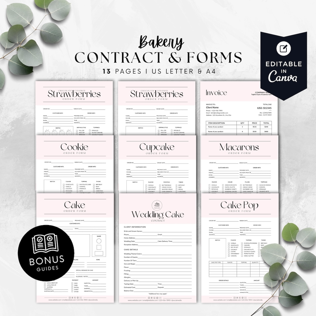 Wedding Cake Contract Template and Bakery Forms Bundle, Editable Cake ...