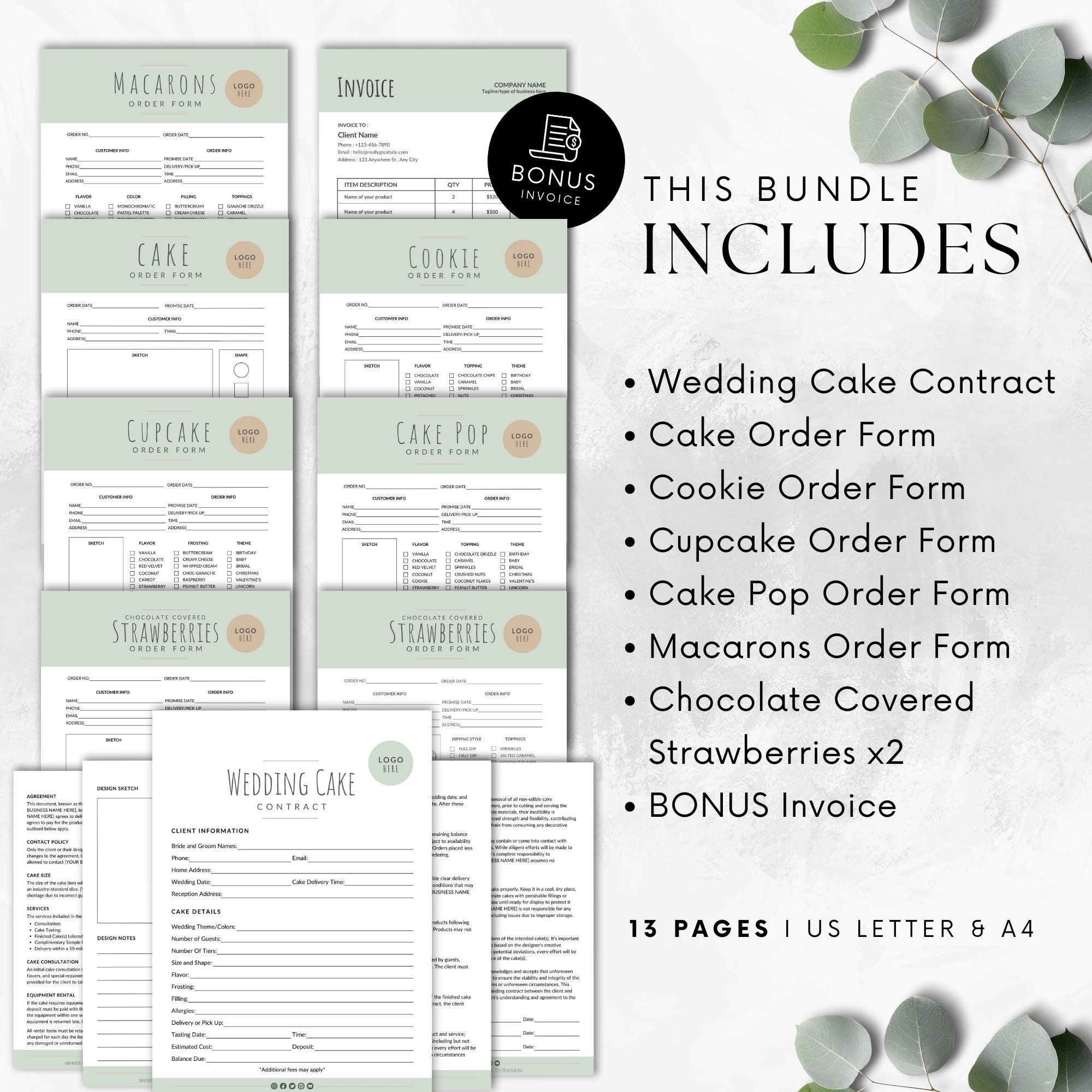Boho Wedding Cake Contract Template and Bakery Form Bundle, Editable ...