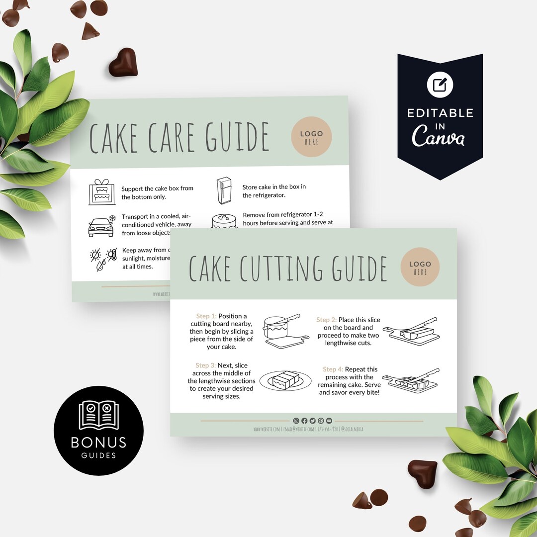 Sage Cake Care and Cutting Guide Card, Printable Serving Instructions ...