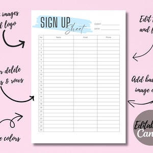 Editable Sign up Sheet I Sign up Template I Registration Sign up I A4 ...