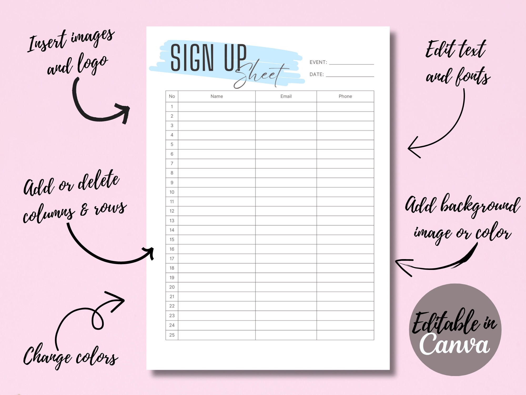 Editable Sign up Sheet I Sign up Template I Registration Sign up I A4 ...