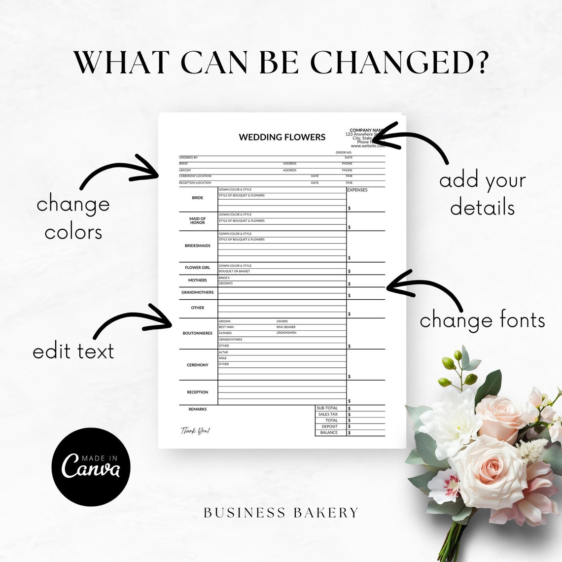 Wedding Flowers Order Sheet & Invoice for Wedding Planner, Digital ...