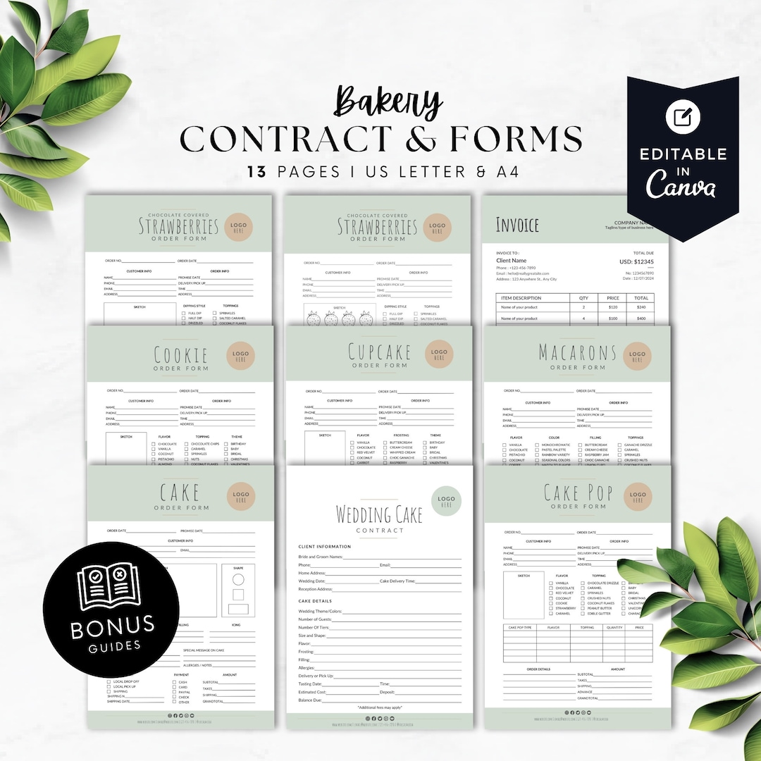 Boho Wedding Cake Contract Template and Bakery Form Bundle, Editable ...