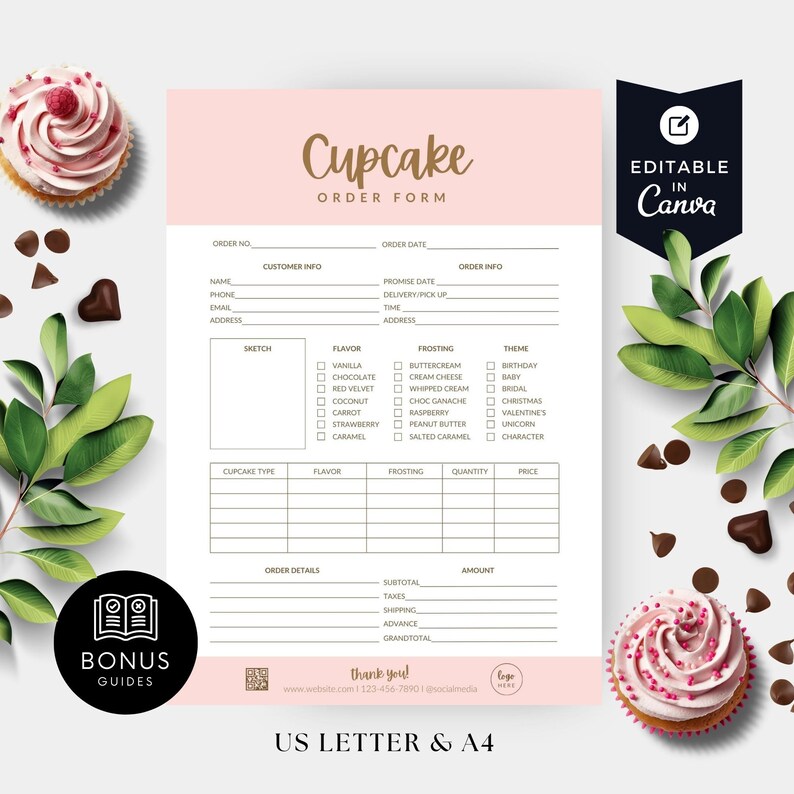 Pink Cupcake Order Forms Editable in Canva, Muffin Template Printable ...
