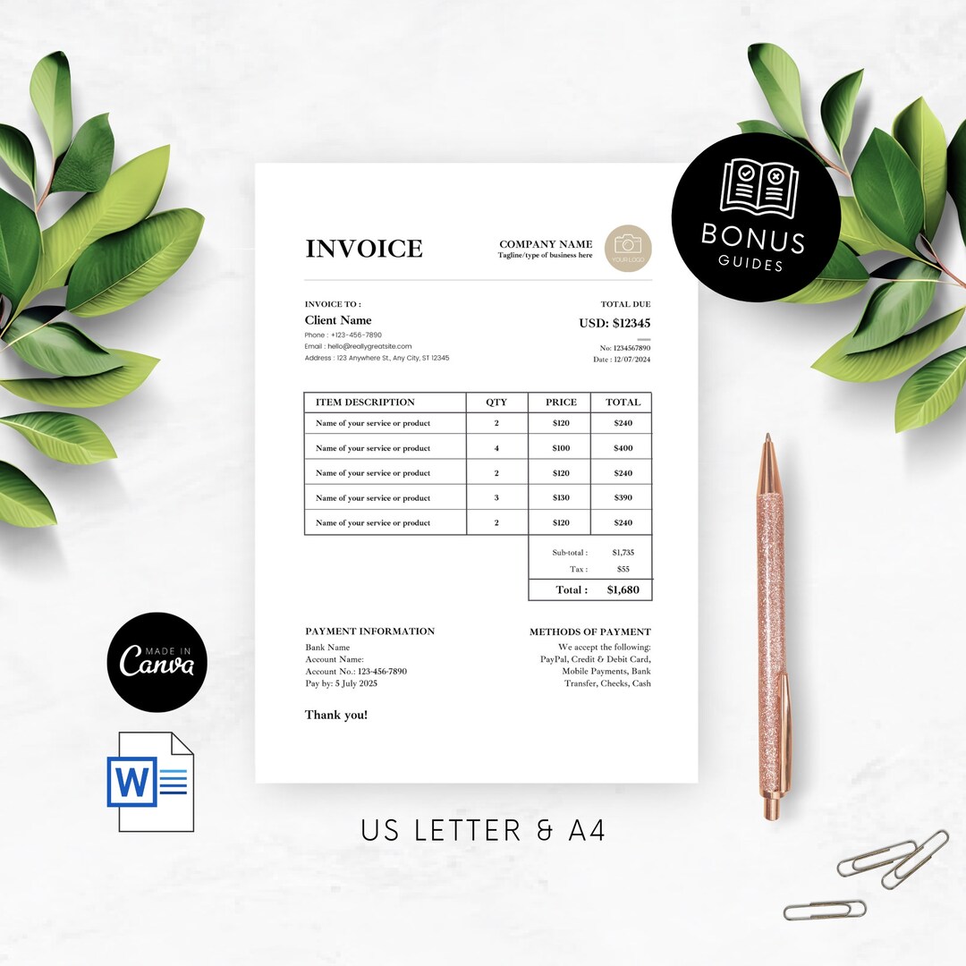 Client Invoice Template Canva Billing Form Boho Small Business Digital ...