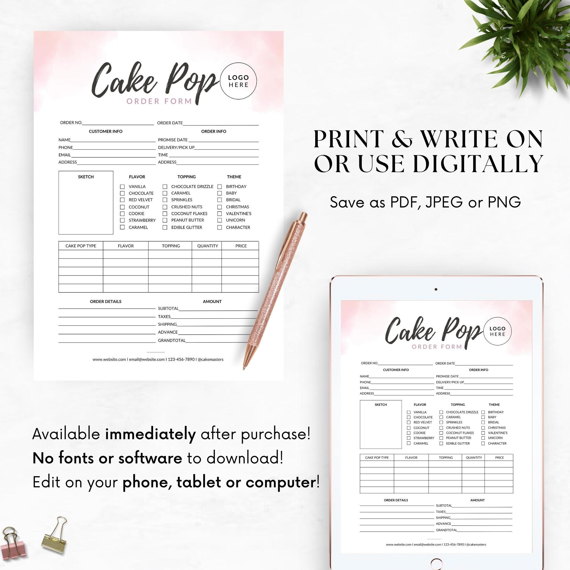 Printable Cakepop Order Form, Cake Pop Templates for Canva, Cakesicles ...