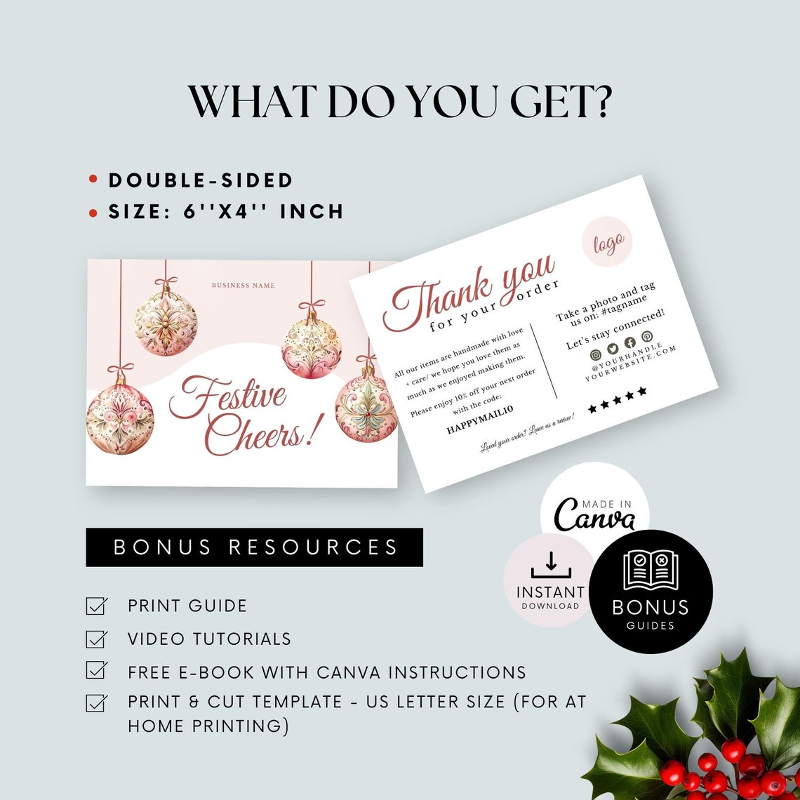Pink Christmas Thank You Card Small Business Editable Canva Template ...