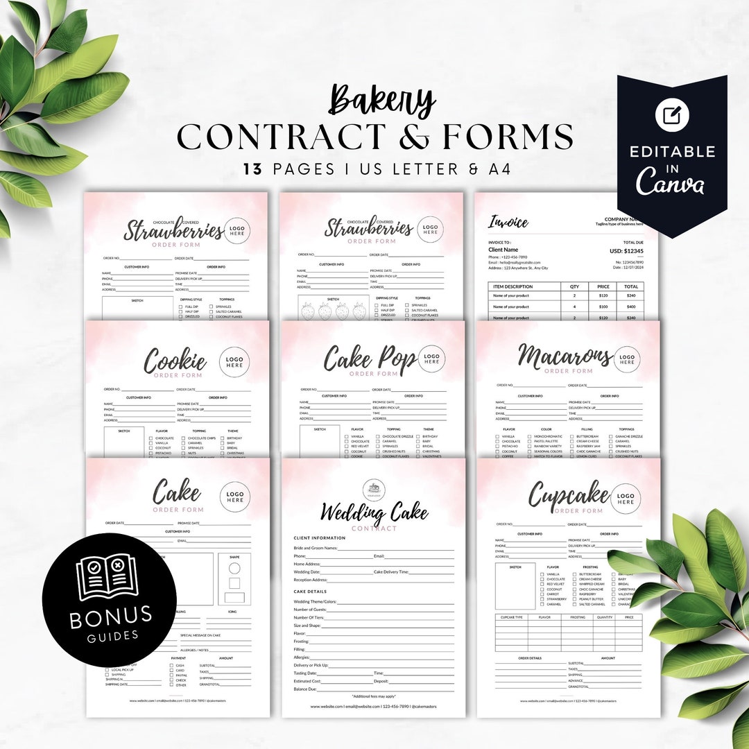 Wedding Cake Contract Template and Bakery Form Bundle, Editable Cake ...