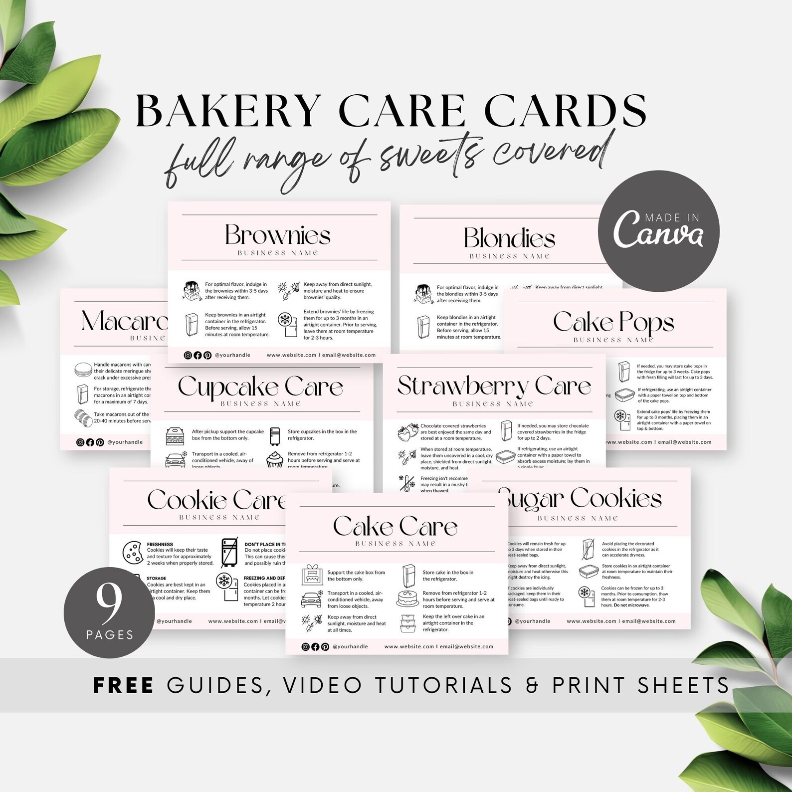 Blush Bakery Care Cards, Cake Care Instructions Card, Home Bakery ...