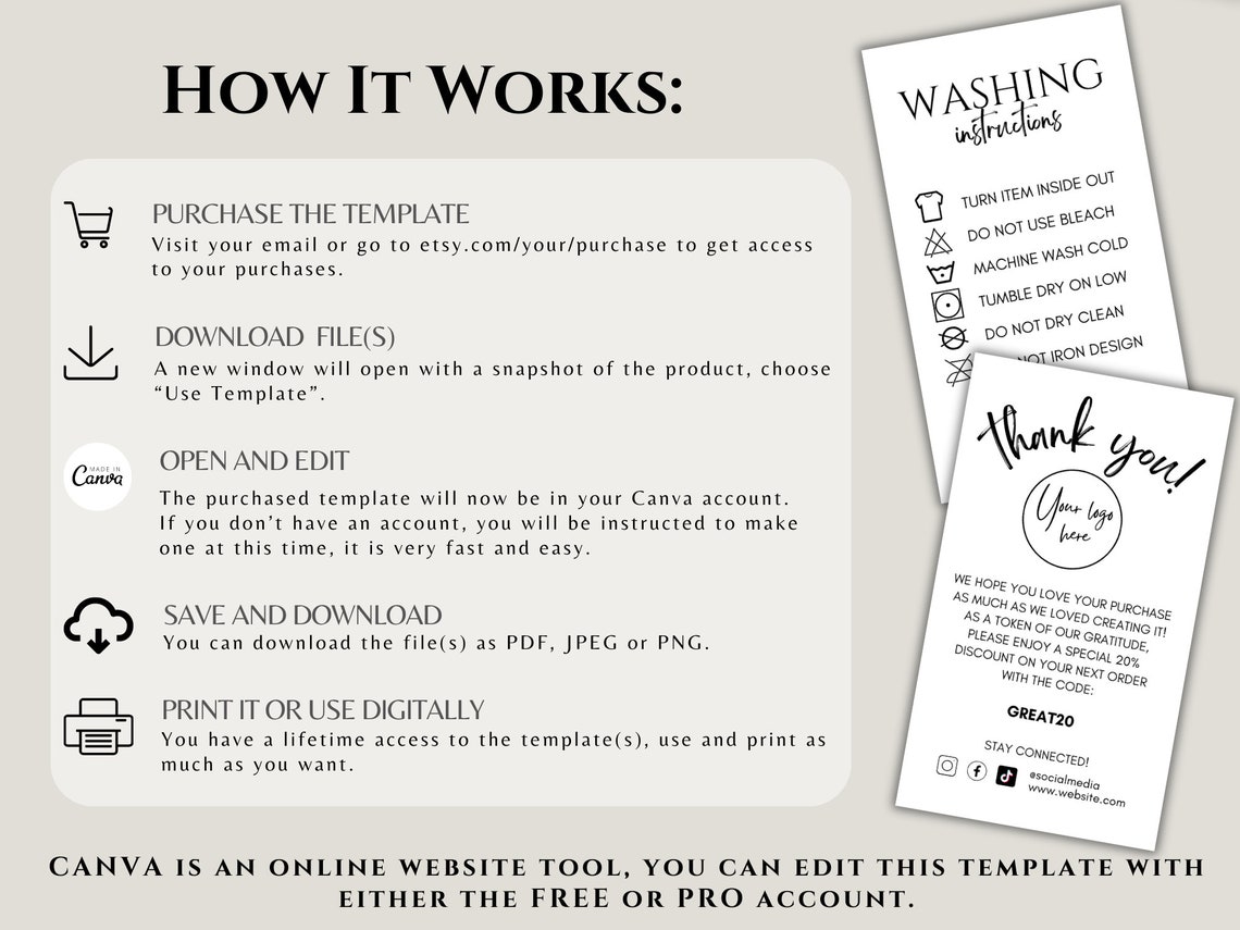 Editable T Shirt Washing Instructions Card Template Printable Clothing ...