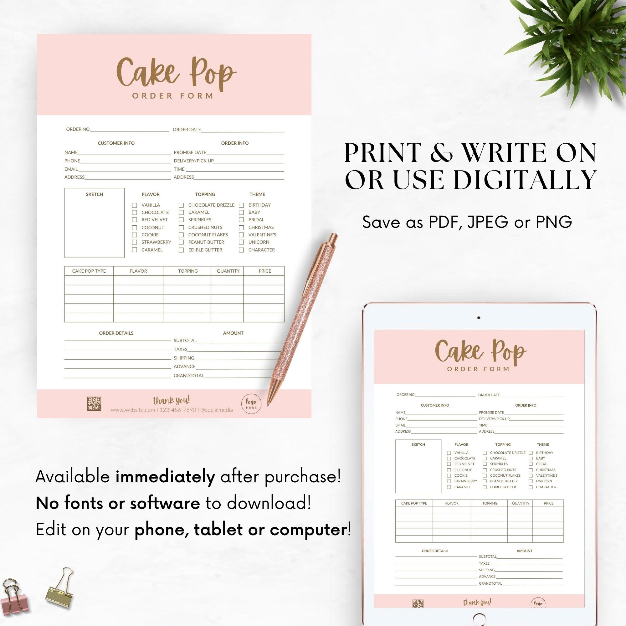 Printable Cakepop Order Form, Cake Pop Templates for Canva, Cakesicles ...