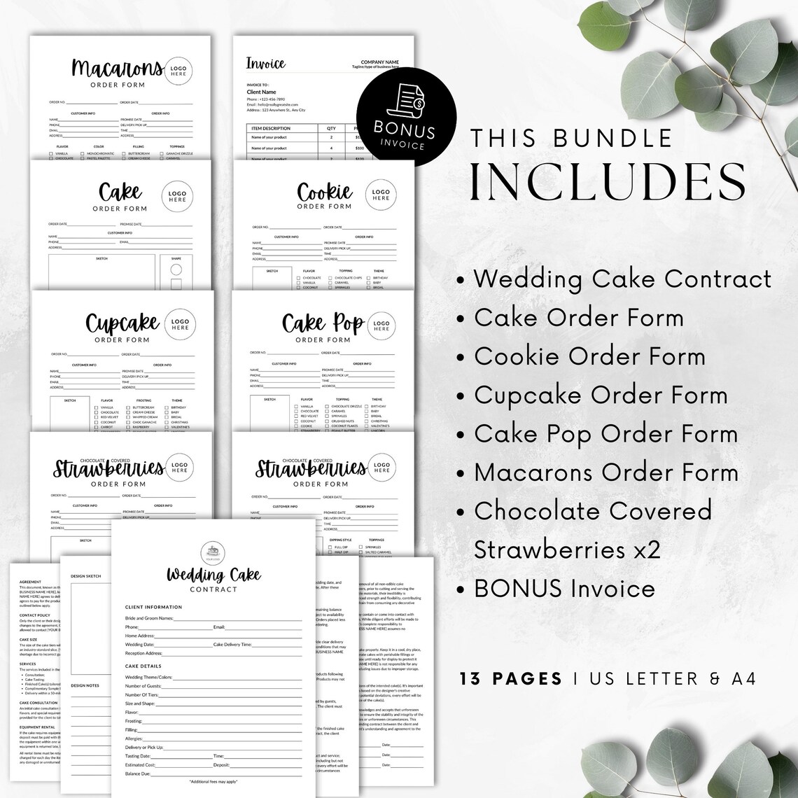 Wedding Cake Contract Template and Bakery Form Bundle, Editable Cake ...