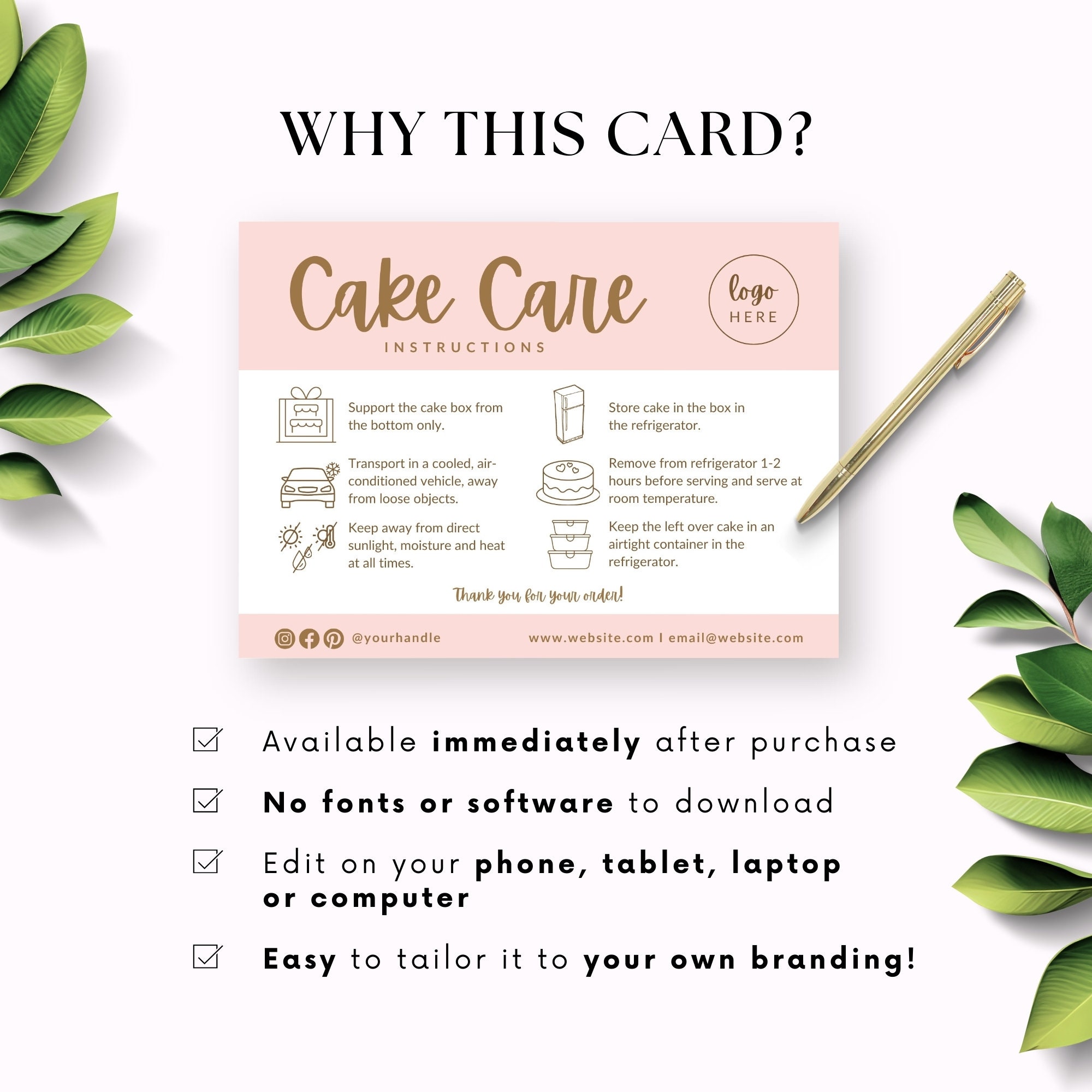 Cake Care Instruction Card Printable, Cake Care Guide, Cake Care Label ...