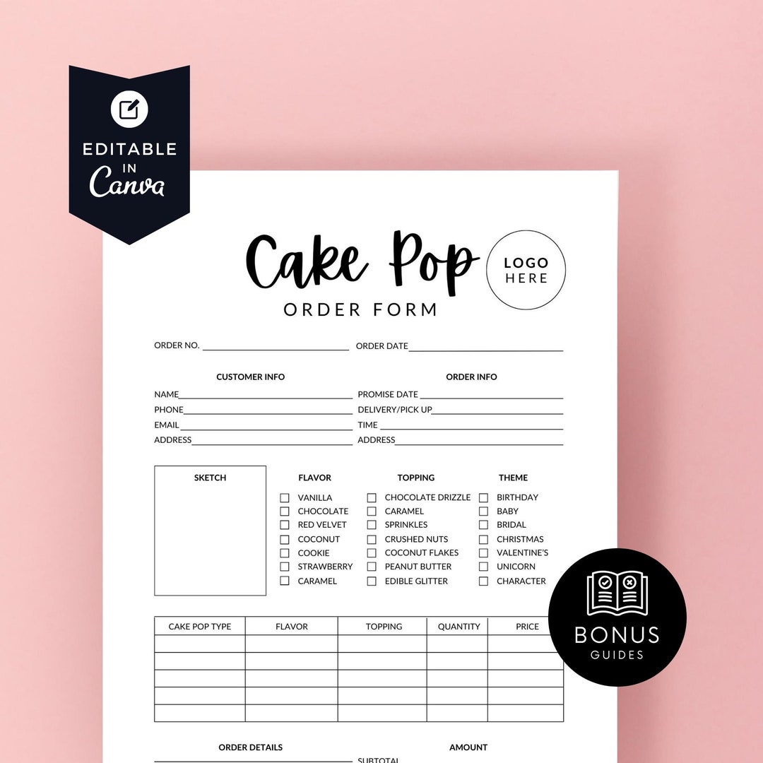Printable Cakepop Order Form, Cake Pop Templates for Canva, Cakesicles ...