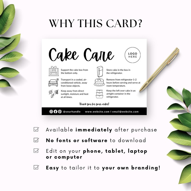 Cake Care Instruction Card Printable, Cake Care Guide, Cake Care Label ...