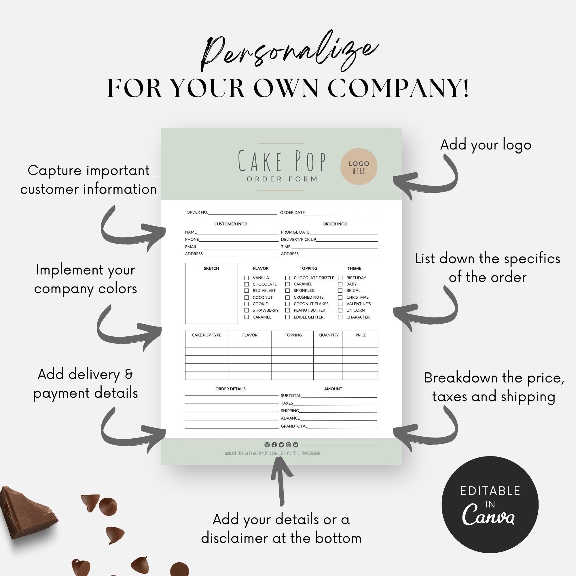 Printable Cakepop Order Form, Cake Pop Templates for Canva, Cakesicles ...