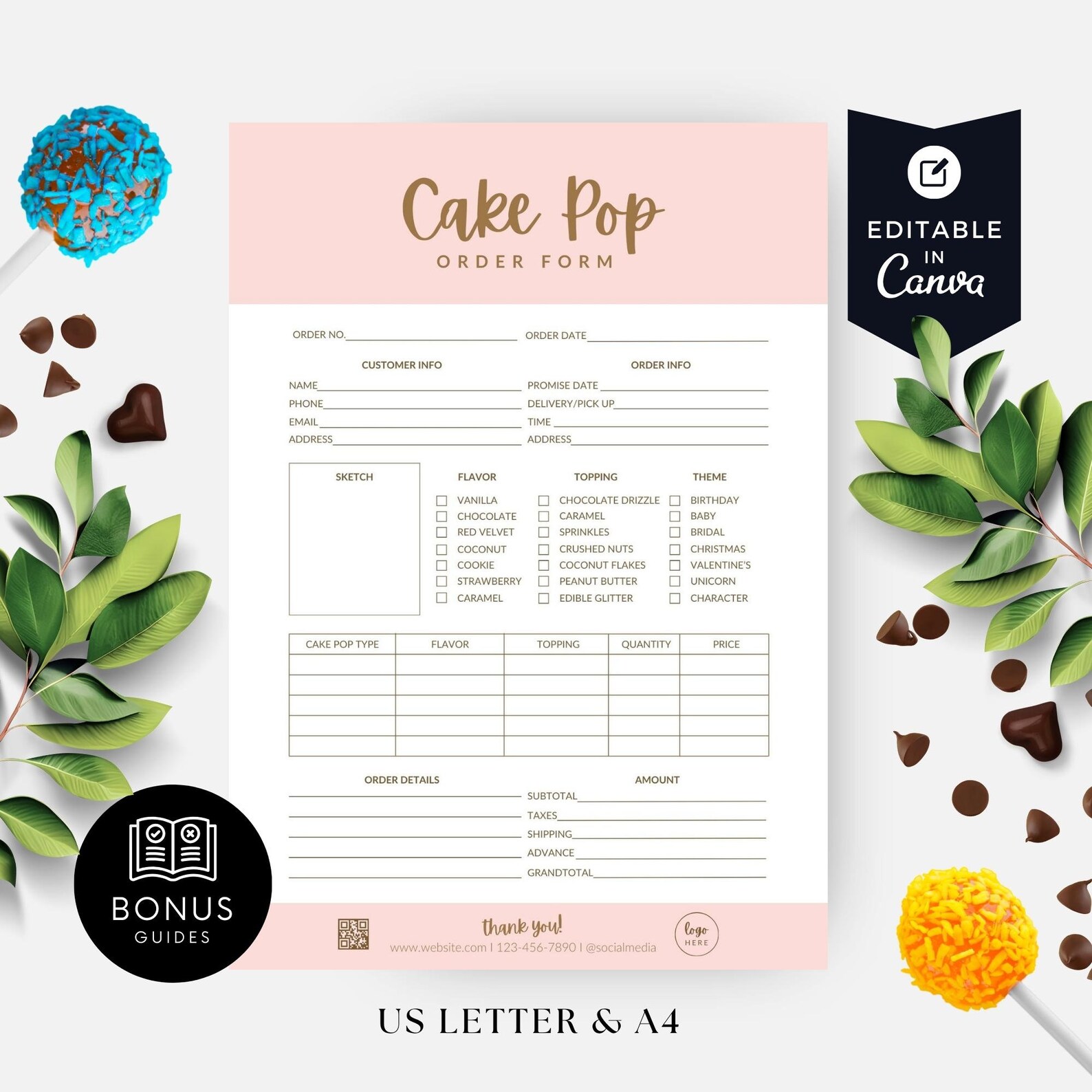 Printable Cakepop Order Form, Cake Pop Templates for Canva, Cakesicles ...