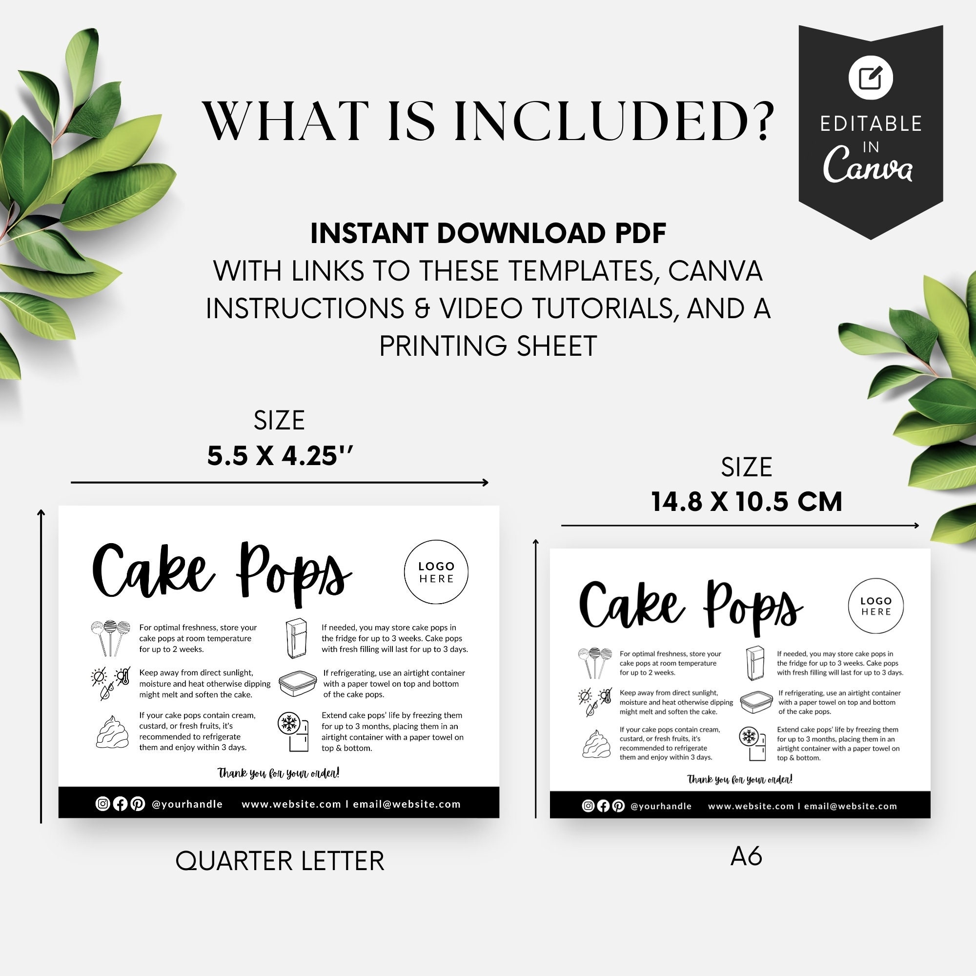 Cake Pop Care Instruction Template, Printable Care Guide for Cake Lolly ...