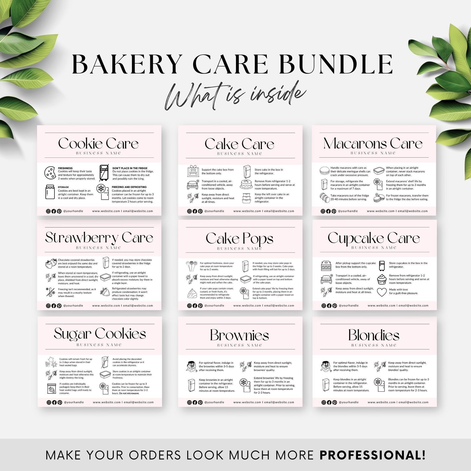 Blush Bakery Care Cards, Cake Care Instructions Card, Home Bakery ...