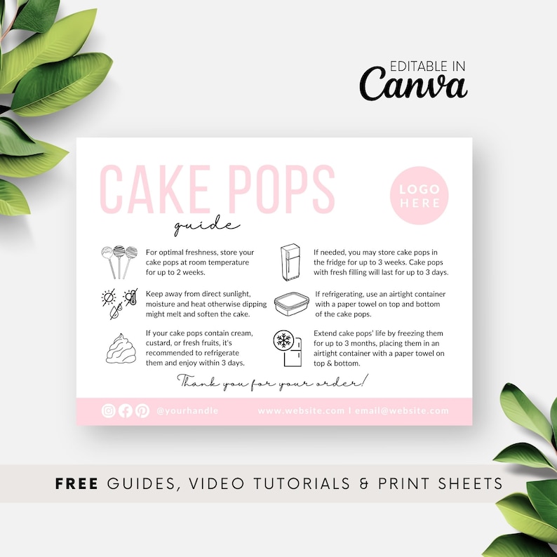 Cake Pop Care Instruction Template, Printable Care Guide for Cake Lolly ...