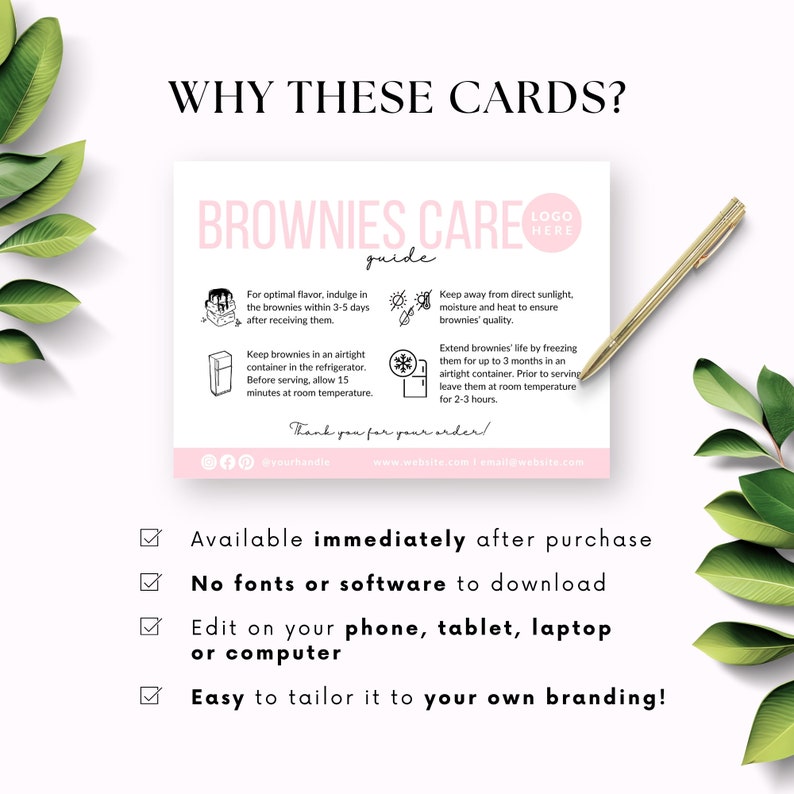 Blush Brownie Care Card Template, Editable Blondie Care Guide ...
