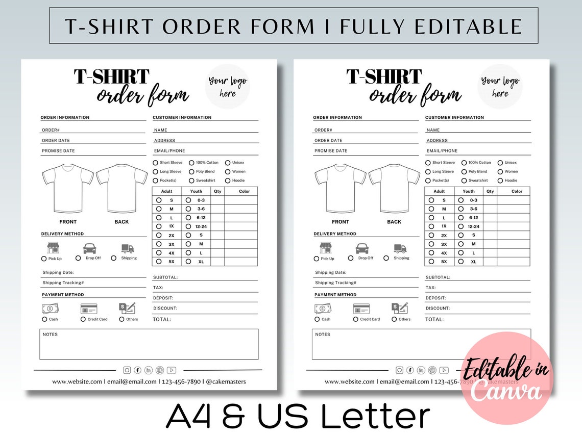 Tshirt Order Form Template I Custom Order Form Editable in - Etsy