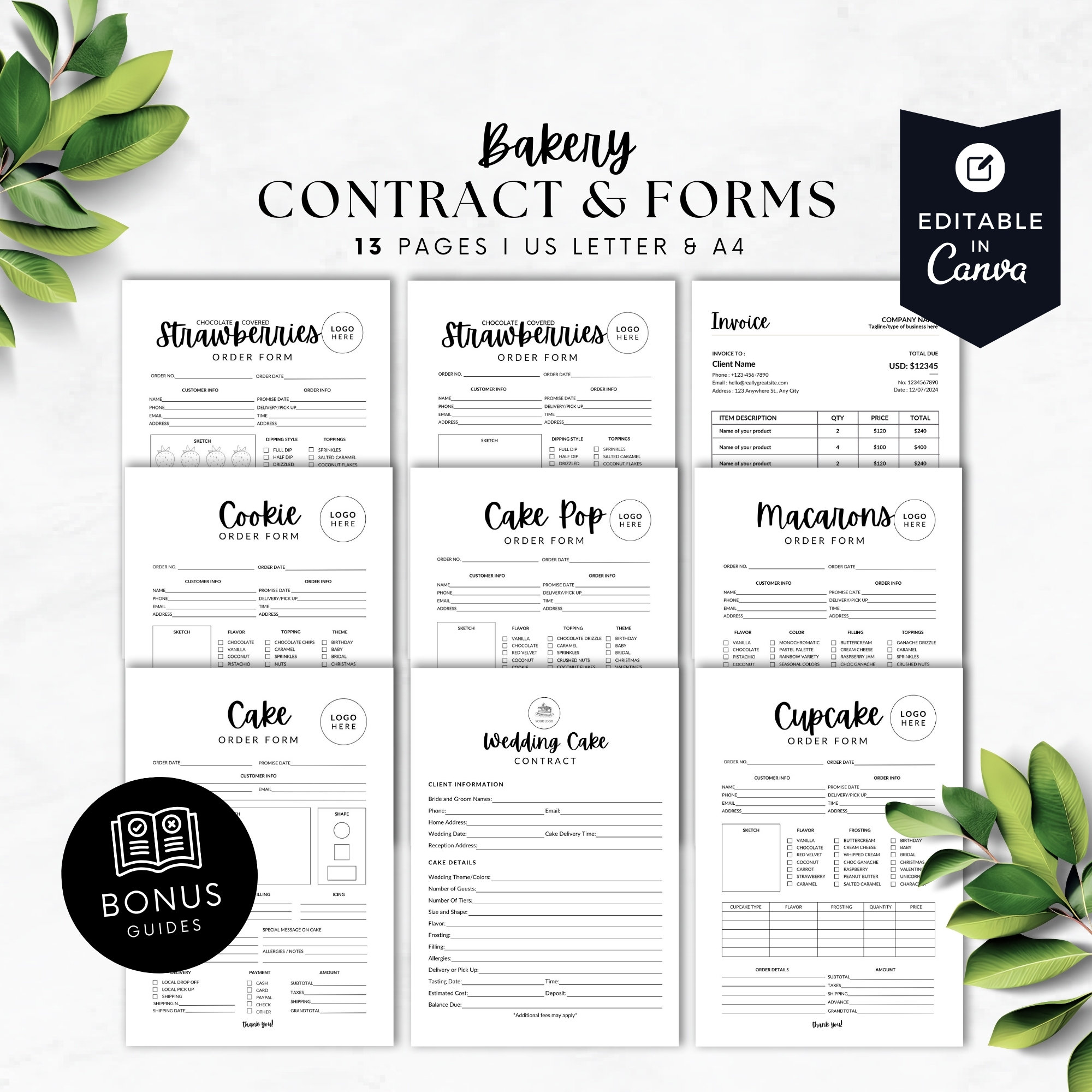 Wedding Cake Contract Template and Bakery Form Bundle, Editable Cake ...