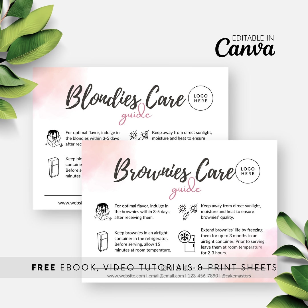 Watercolor Brownie Care Card Template, Editable Blondie Care Guide ...